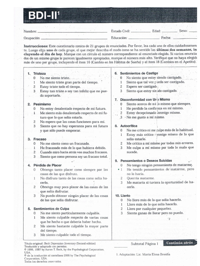 Escala Depresión Beck BDI-II | PDF