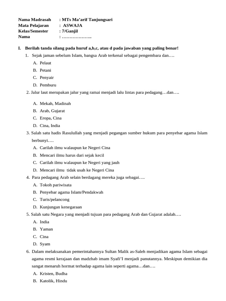 Soal Pas Aswaja Kelas 7 MTS | PDF | Politik | Perjalanan
