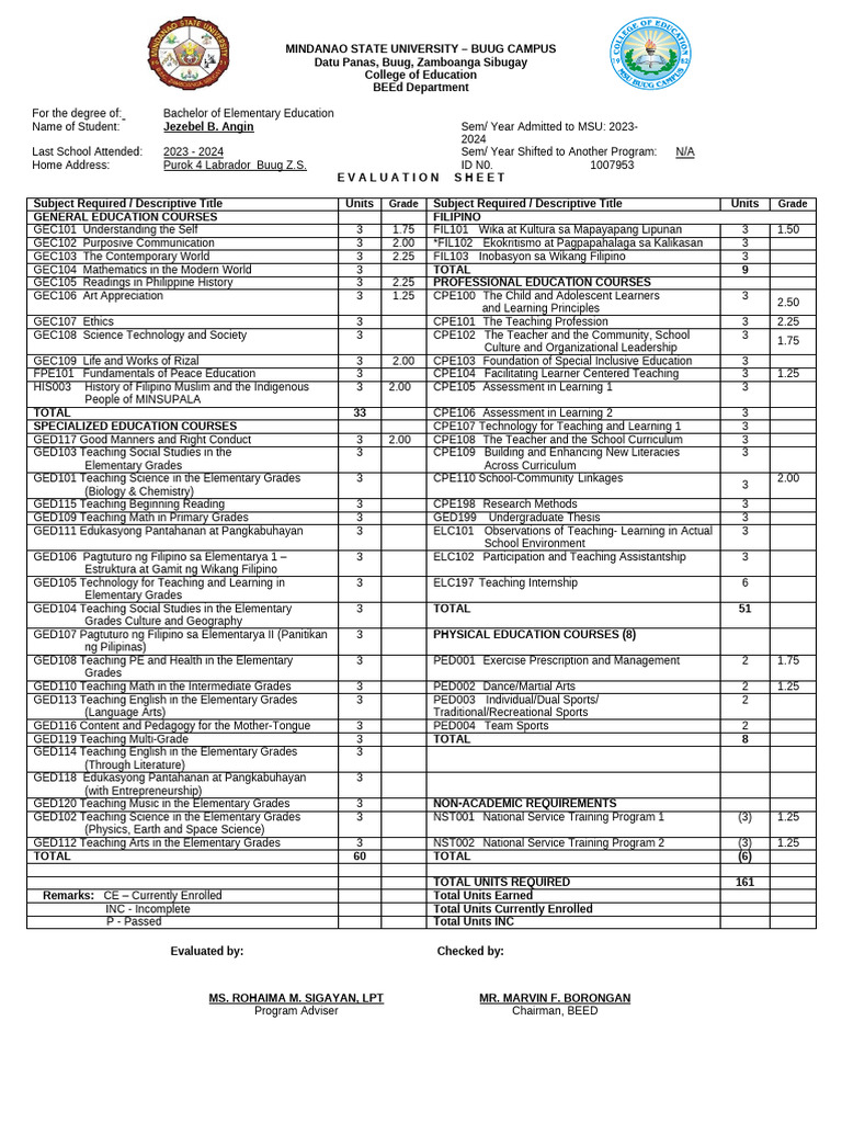 Evaluation-Sheet-BEED-MSU-BUUG-3 Done | PDF | Physical Education | Learning