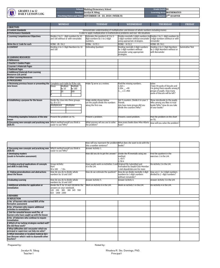 DLL - Mathematics 3 - Q2 - W8 | PDF | Learning | Cognition