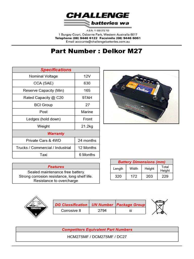Delkor M27+Battery+Specs+Brochure | PDF