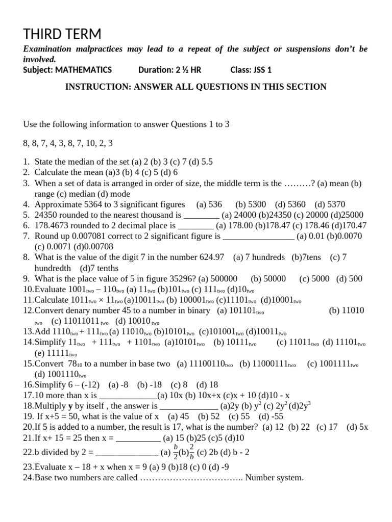 JSS 1 Third Term Maths Examination | PDF | Significant Figures | Decimal