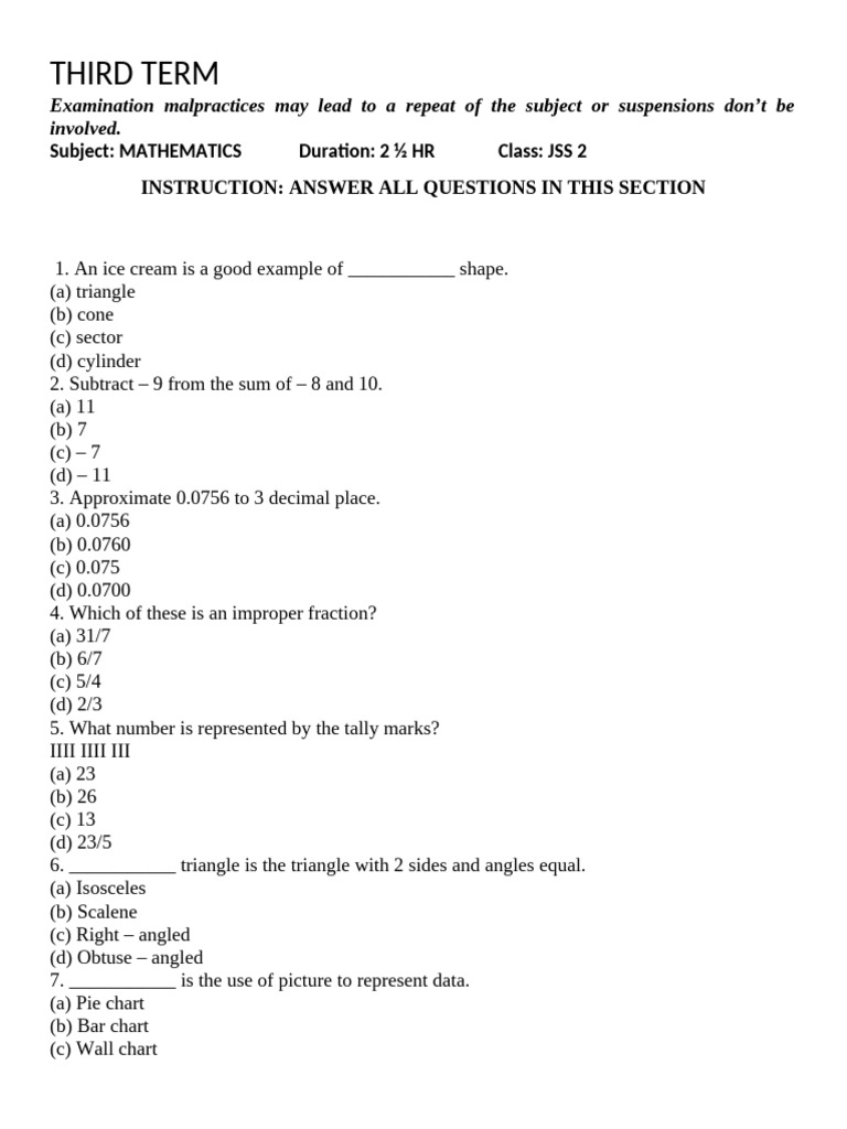 Jss 2 Third Term Maths Examination | PDF | Triangle | Mathematics