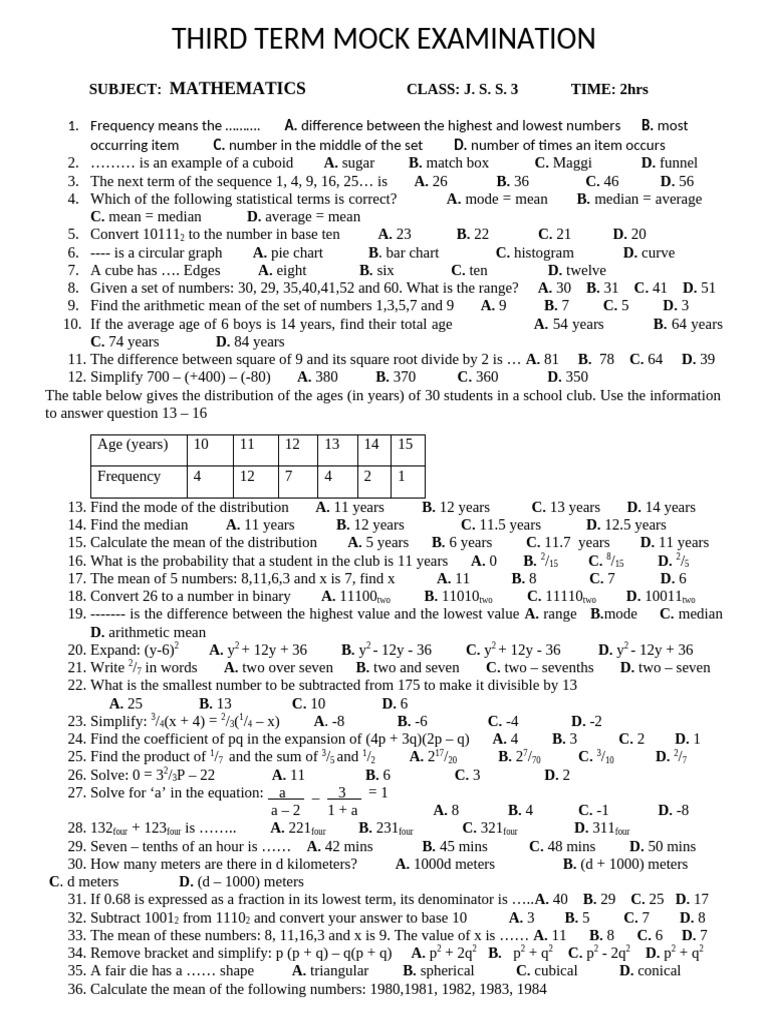 Jss3 Mock Examination | PDF | Arithmetic Mean | Mean