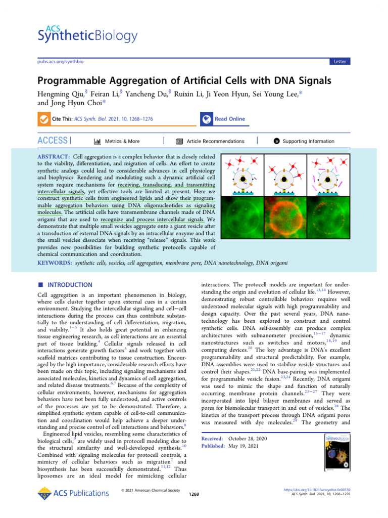 ACSSynBio21 - Synthetic Cell Aggregation | PDF | Cell Signaling | Vesicle (Biology And Chemistry)