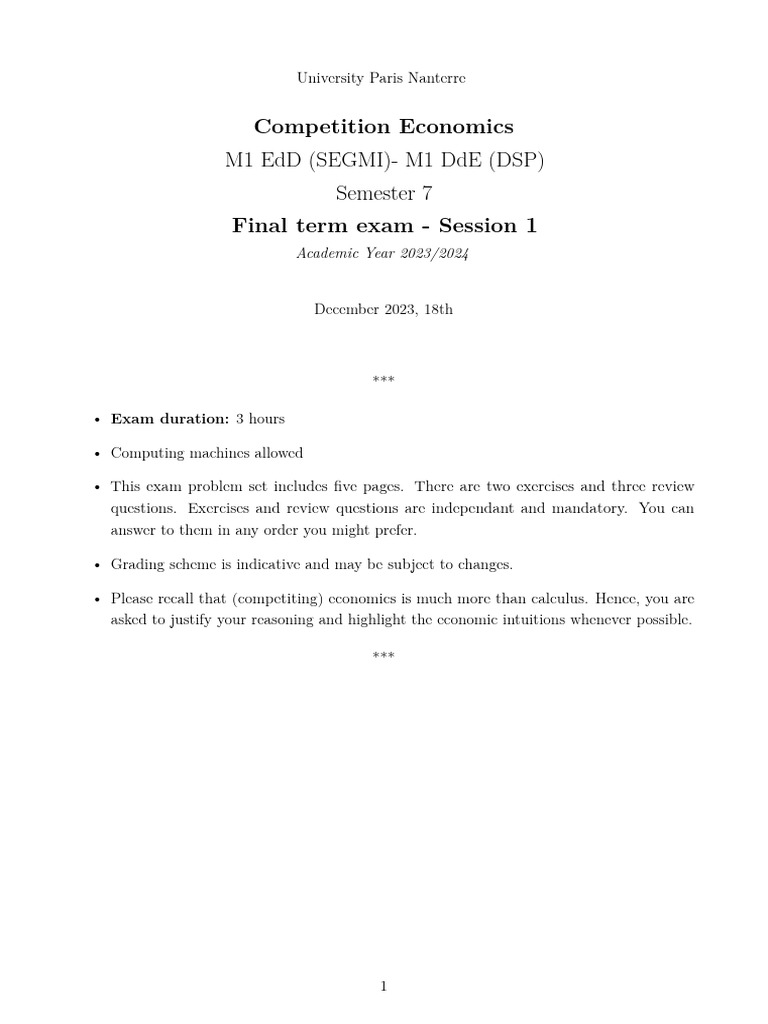 Competition Economics Exam December 2023 | PDF | Profit (Economics ...