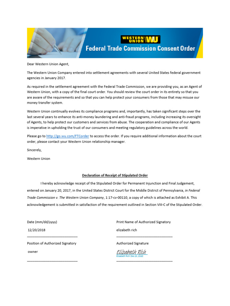 Western Union KYA Questionnaire - GDD-000366442 - Signed | PDF ...