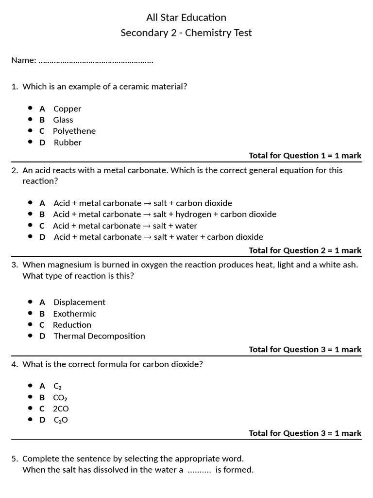 Secondary 2 - Chemistry Test | PDF | Oxide | Chemical Reactions
