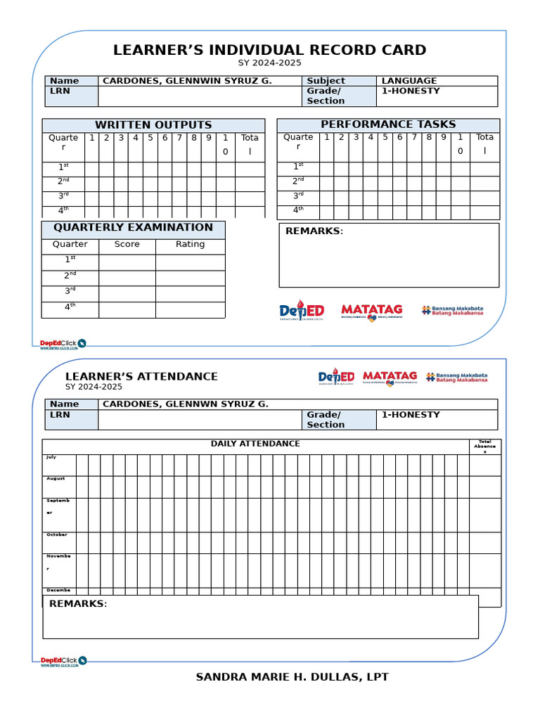 Learner's Individual Record Card (Word) | PDF