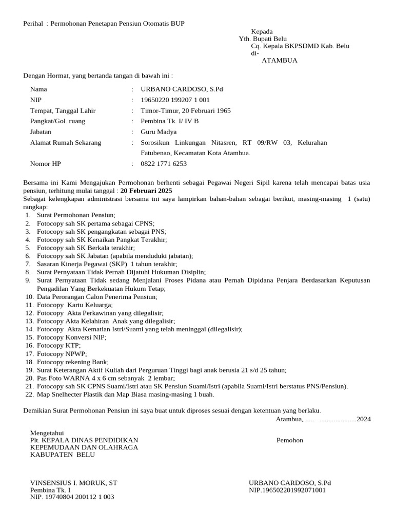 Surat Permohonan Pensiun Bup - (Lengkap) | PDF