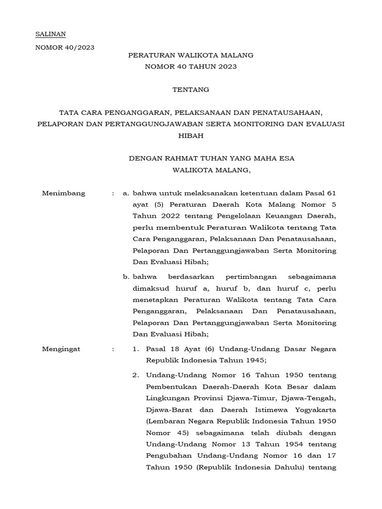 Salinan Perwal No 40 Tahun 2023 TTG Tata Cara Penganggaran, Pelaksanaan Dan Penatausahaan ...