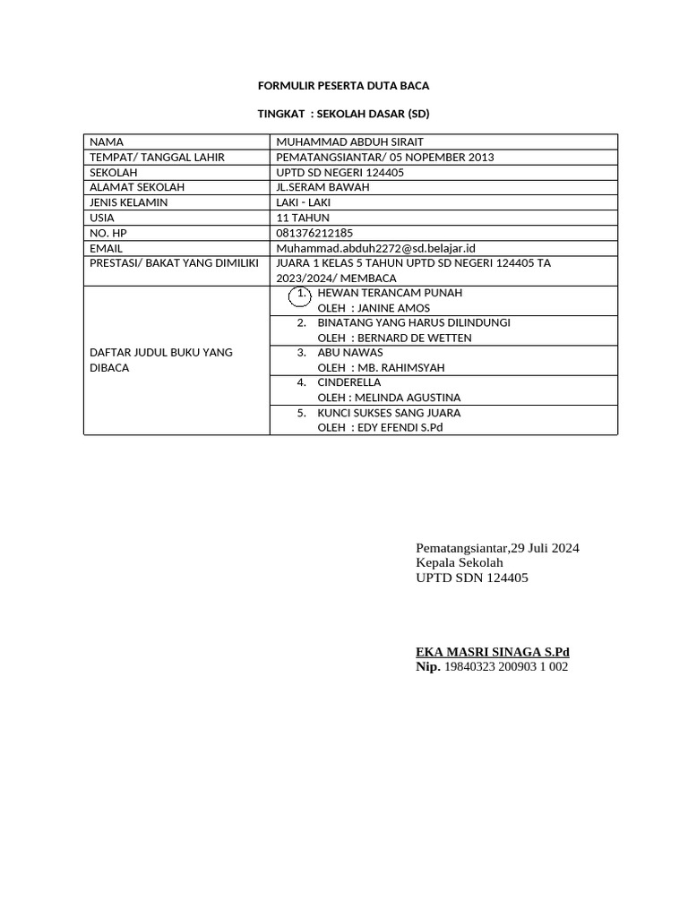 Formulir Duta Baca SD 2024 | PDF