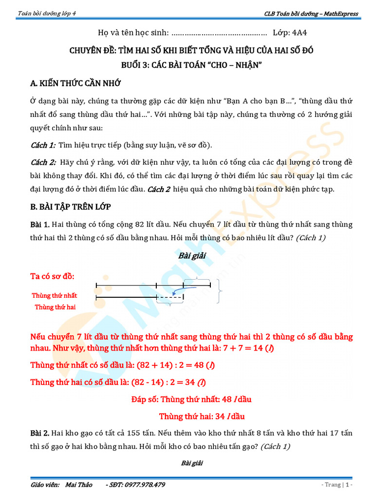 Bc4a4. 16.11.2024 Ndbh Tìm Hai Số Khi Biết Tổng Và Hiệu Của Hai Số Đó | PDF