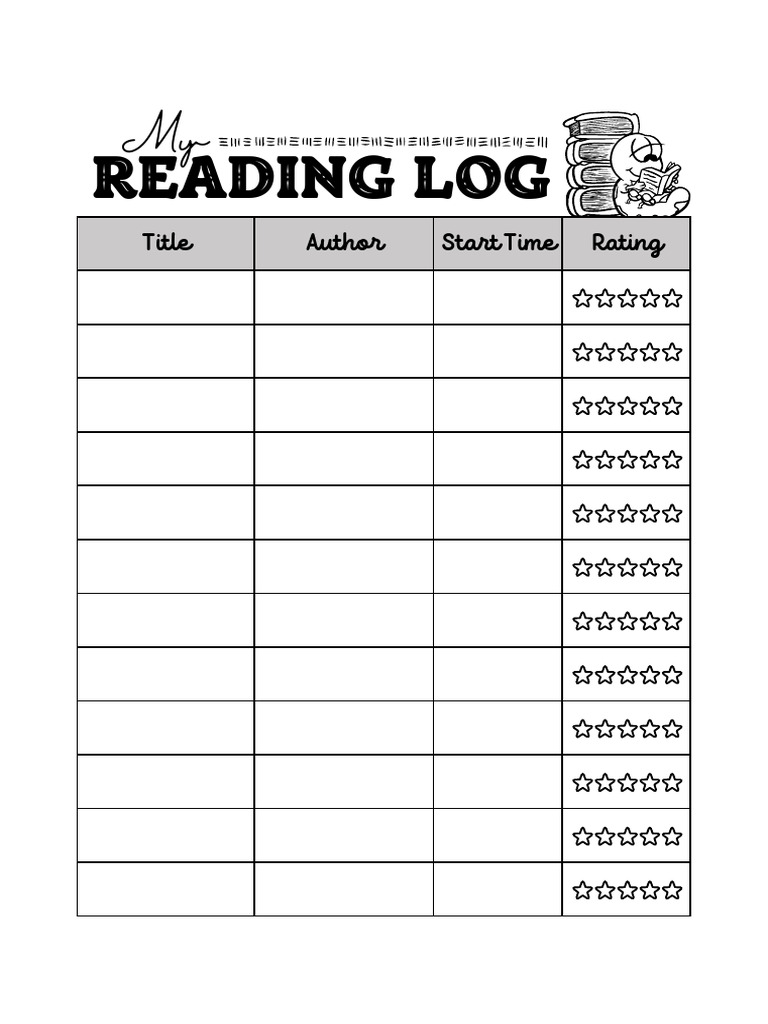 Black and White Cute Reading Log Worksheet | PDF