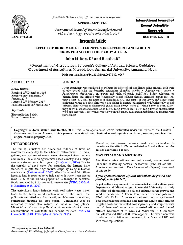 Effect of Bioremediated Lignite Mine Effluent and Soil On Growth and ...