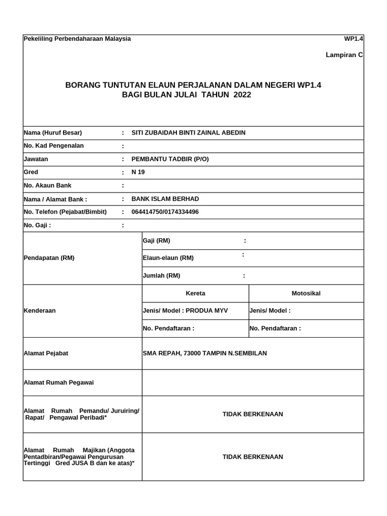 Borang Tuntutan Elaun Perjalanan Dalam Negeri Wp1.4 Bagi Bulan Julai Tahun 2022 | PDF