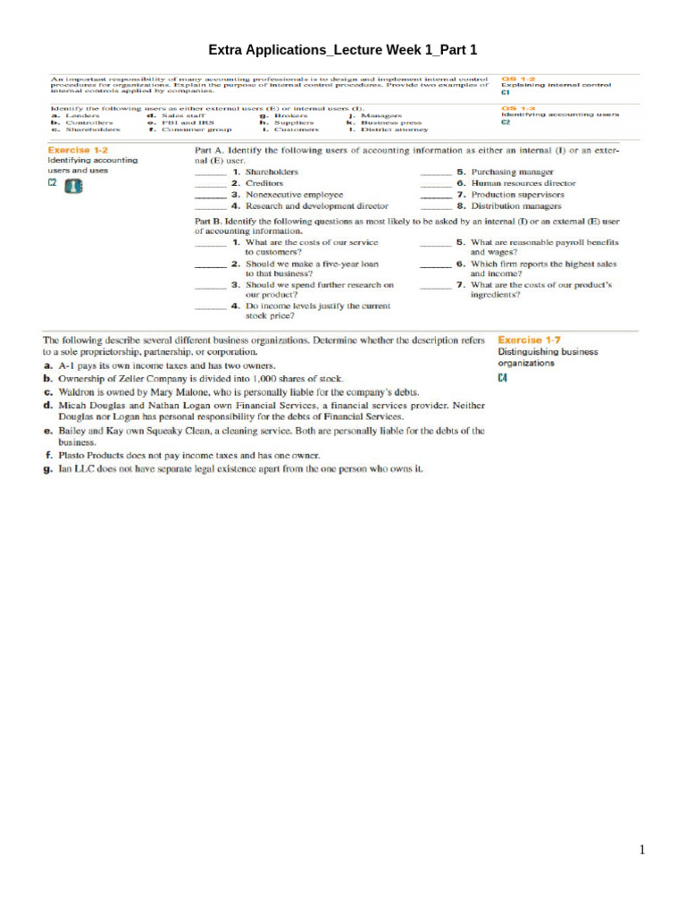 Extra Applications - Accounting - Lecture Week 1 - Part 1 | PDF