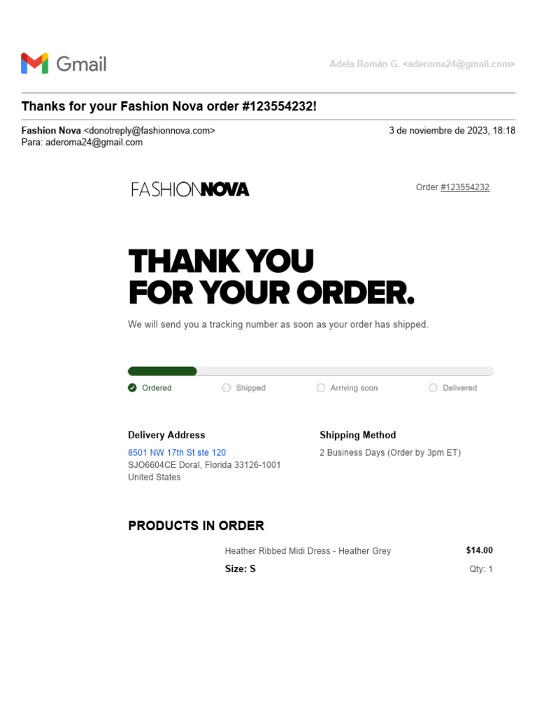 Fashion Nova Order Confirmation #123554232 | PDF | Style | Fashion