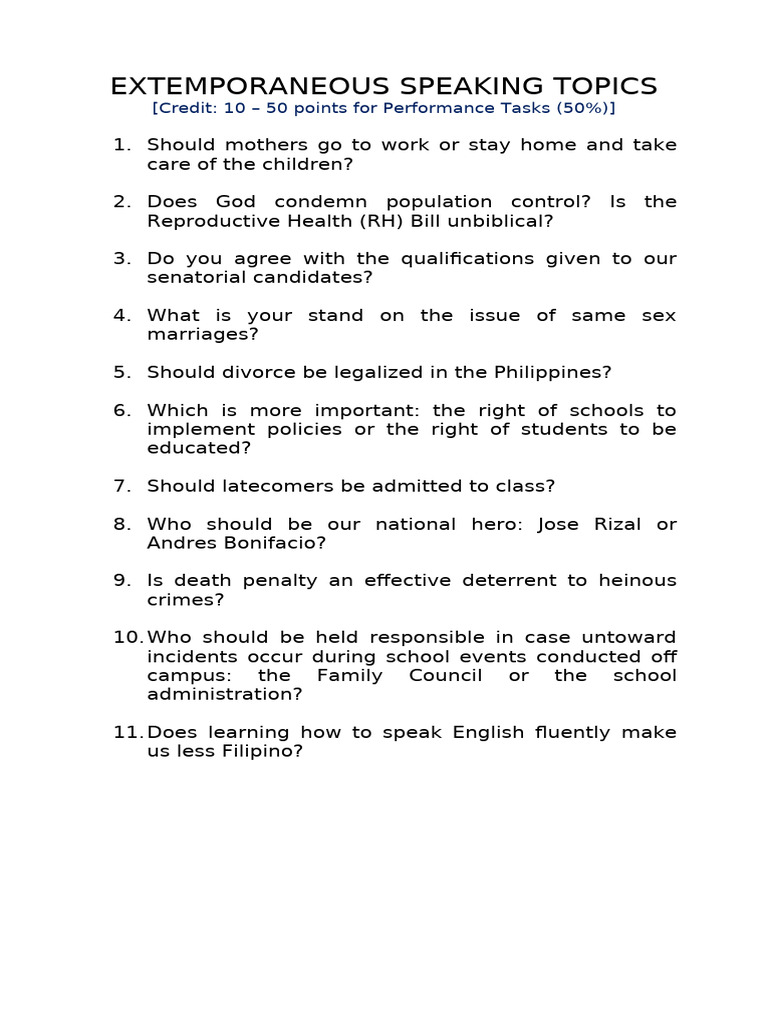 Extemporaneous Speaking Topics | PDF