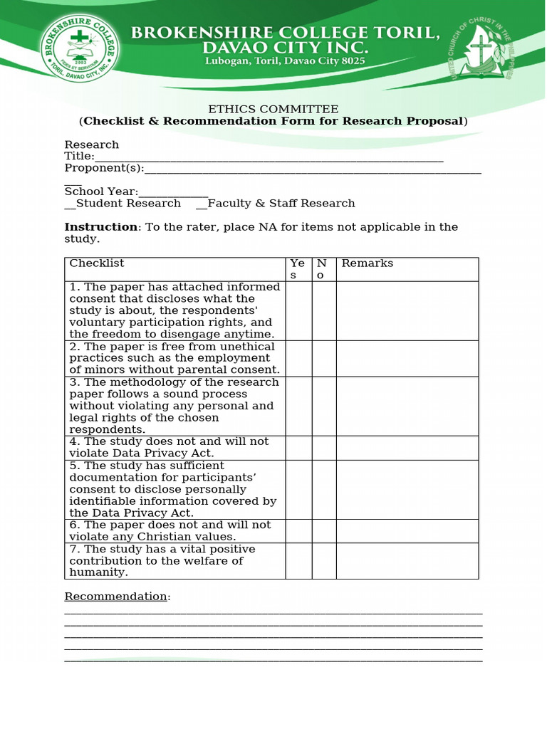 3 Ethics Committee Checklist Recommendation Form | PDF | Career & Growth