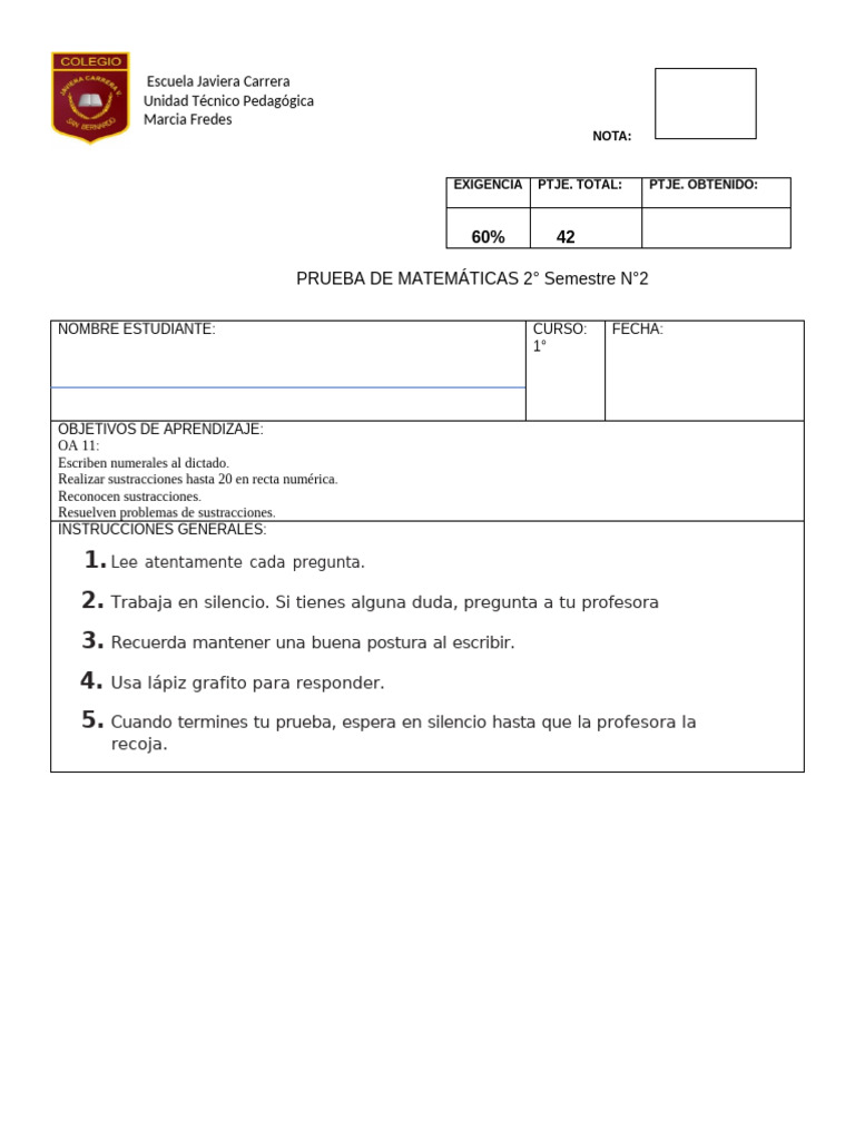 PRUEBAS MATEMATICAS 2024 Sustracción | PDF
