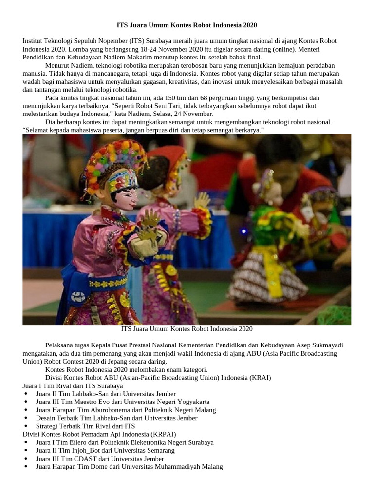 ITS Juara Umum Kontes Robot Indonesia 2020 | PDF
