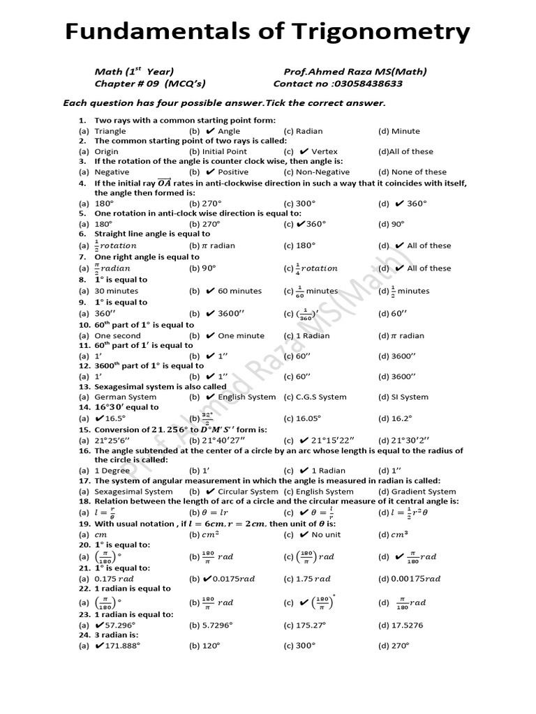 Chapter 9 MCQ's (1st Year) | PDF | Angle | Elementary Geometry