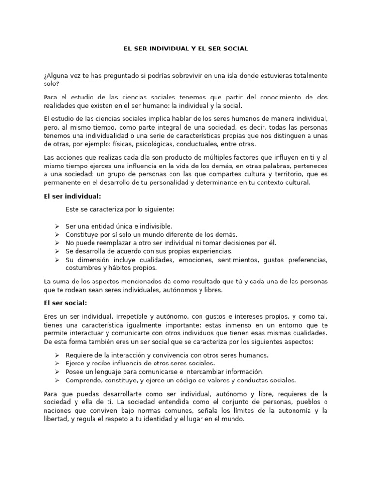El Ser Individual y El Ser Social | PDF | Sociedad | Comportamiento