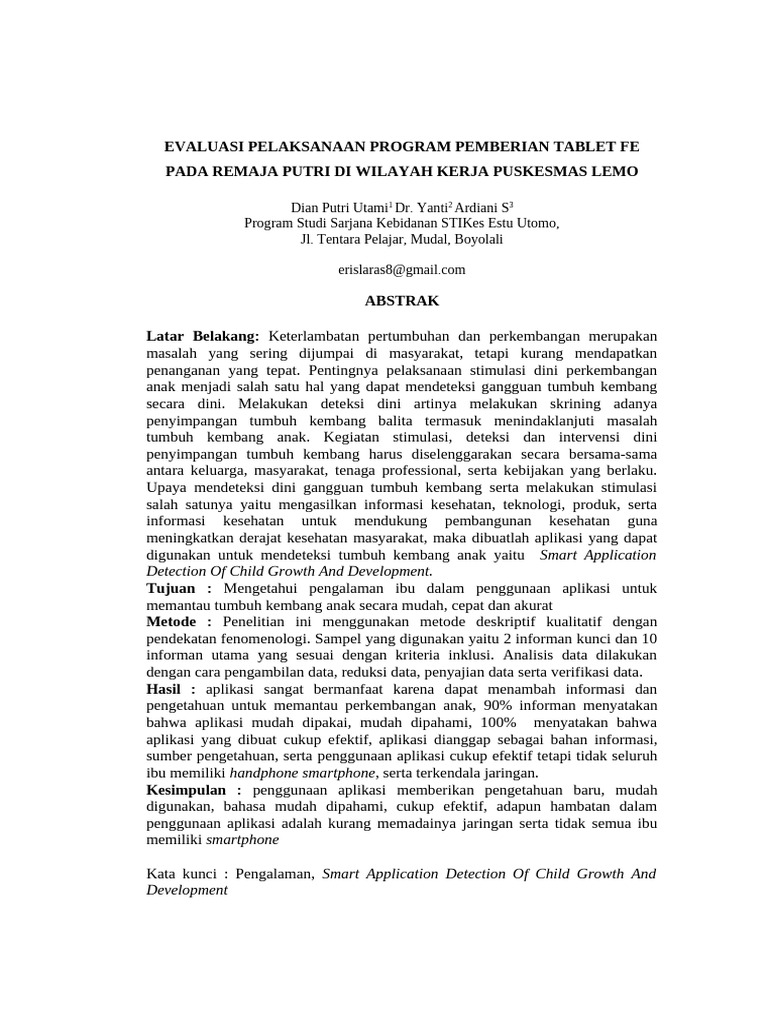 Evaluasi Pelaksanaan Program Pemberian Tablet Fe Pada Remaja Putri Di Wilayah Kerja Puskesmas ...