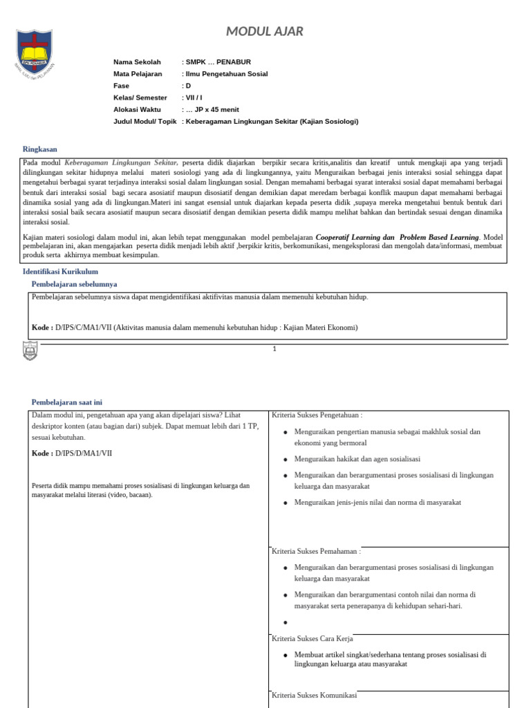 D. Modul Ajar Tema 2 - Keberagaman Lingkungan Sekitar (Kajian Sosiologi) | PDF