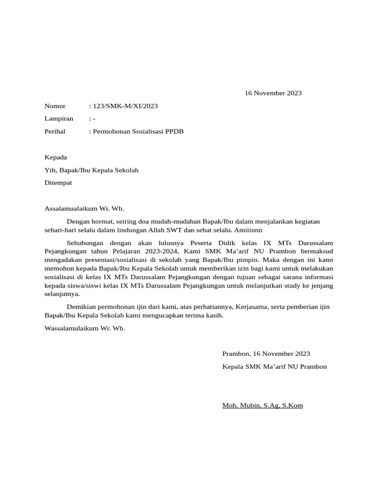 Surat Permohonan Sosialisasi PPDB | PDF