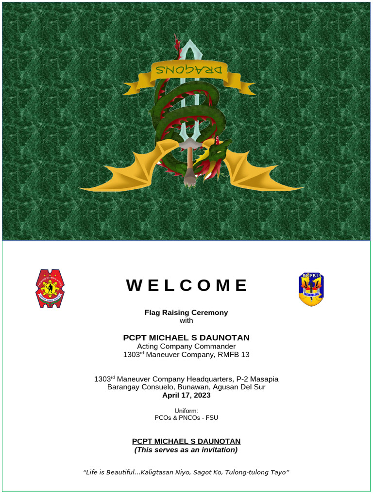 Flag Raising Ceremony Invitation - 1303rd Maneuver Company | PDF