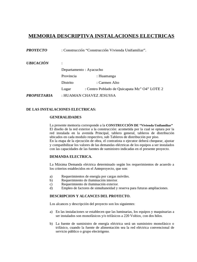 Memoria Descriptiva Ie | PDF | Conductor electrico | Cableado eléctrico