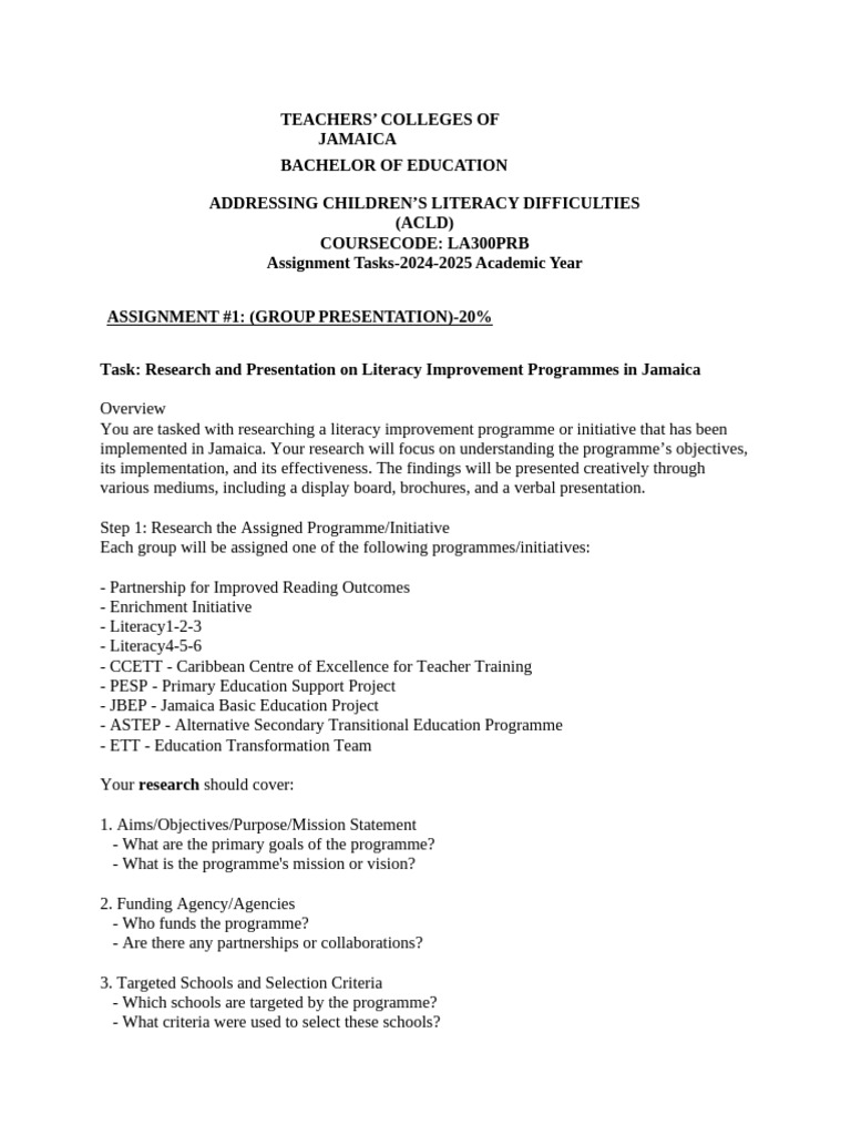 ACLD Draft Assignment 2024-2025 - 3220d | PDF | Literacy | Lesson Plan