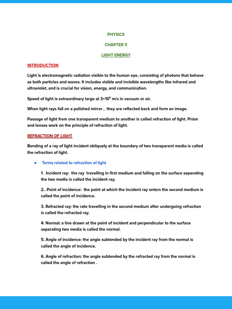 Physics CH 5 Light Energy Notes | PDF | Light | Mirror