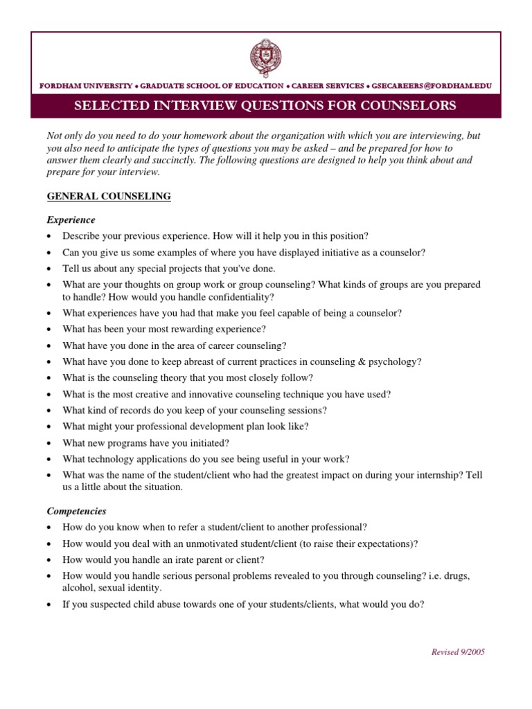 Selected Interview Questions For Counselors | PDF | College Admissions ...