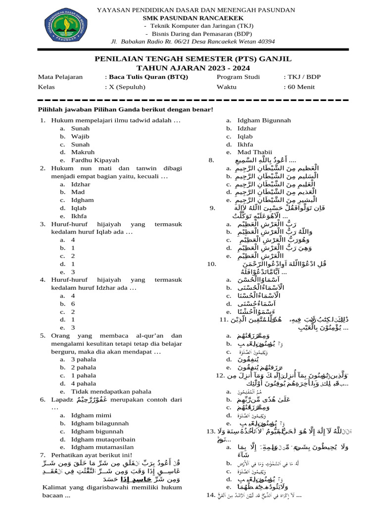Soal PTS BTQ X TKJ-BDP 2023-2024 | PDF