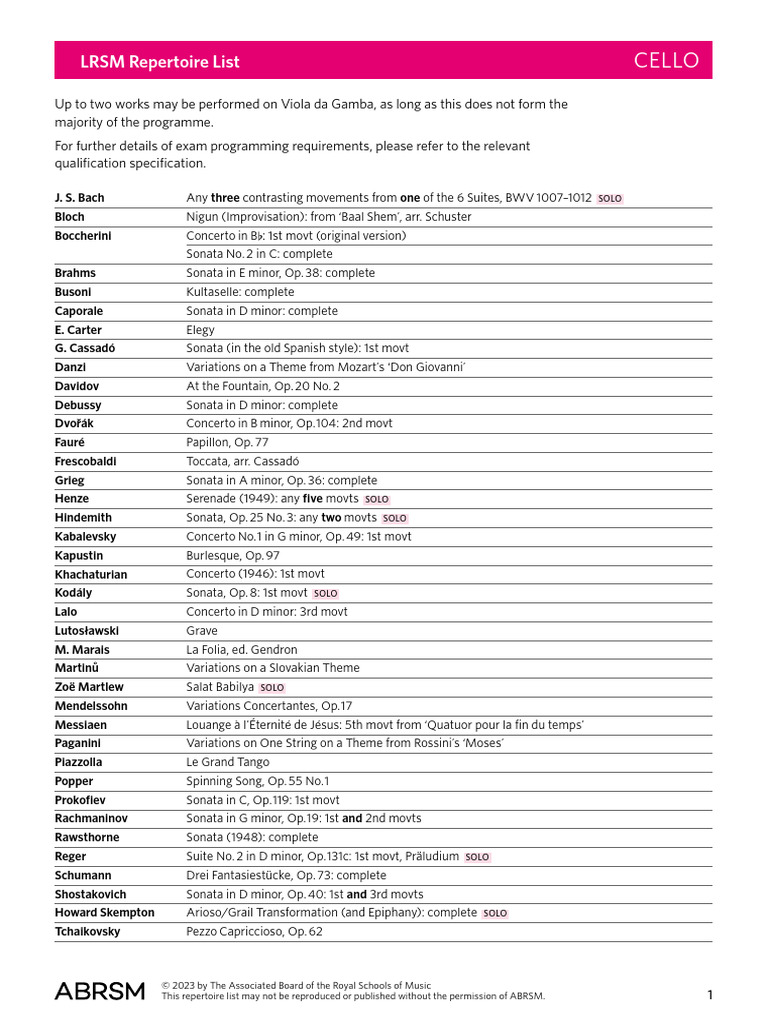 Cello LRSM Repertoire (7 Nov 2023) FINAL | PDF | Concerto | Cello