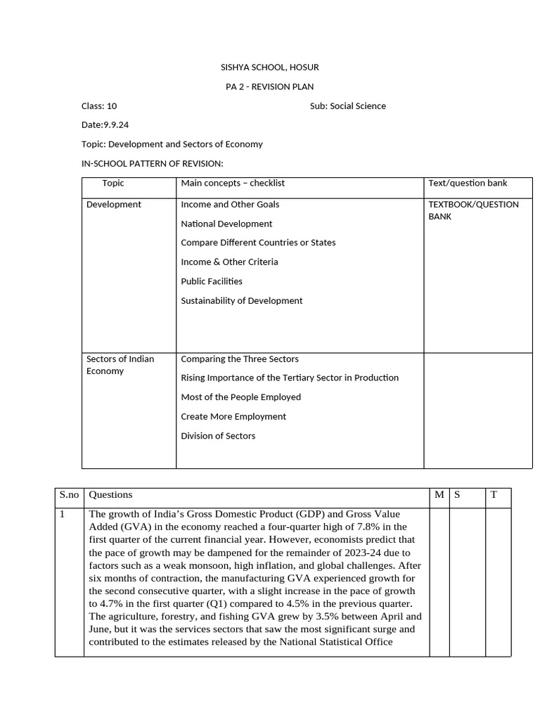 Class 10 Social Science Revision Plan | PDF | Gross Domestic Product ...