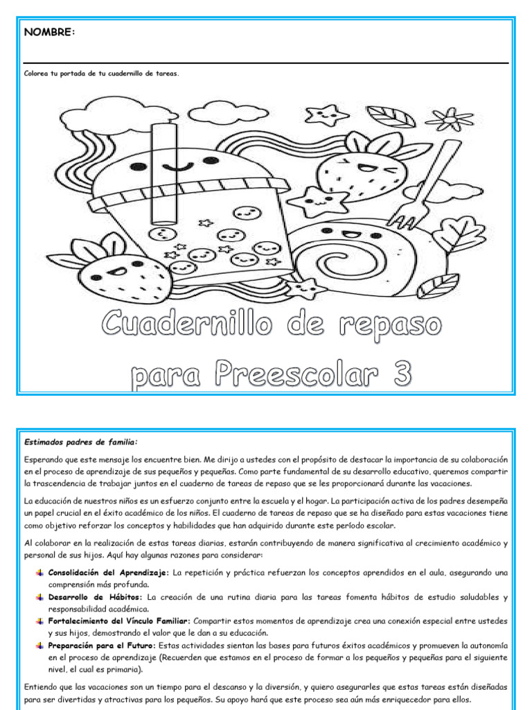 Cuadernillo Con Tareas de Repaso para Preescolar 3 | PDF | Aprendizaje