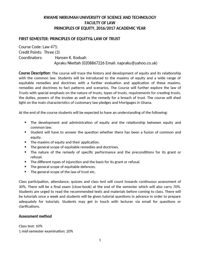 Course Outline Equity and Trust New-1 | PDF | Equity (Law) | Injunction