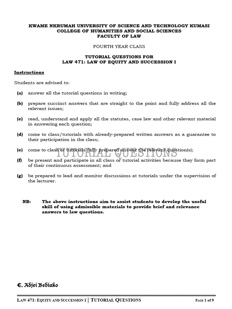 Law 471 - Law of Equity and Sucession 1 - Tutorial Questions | PDF | Equity (Law) | Common Law