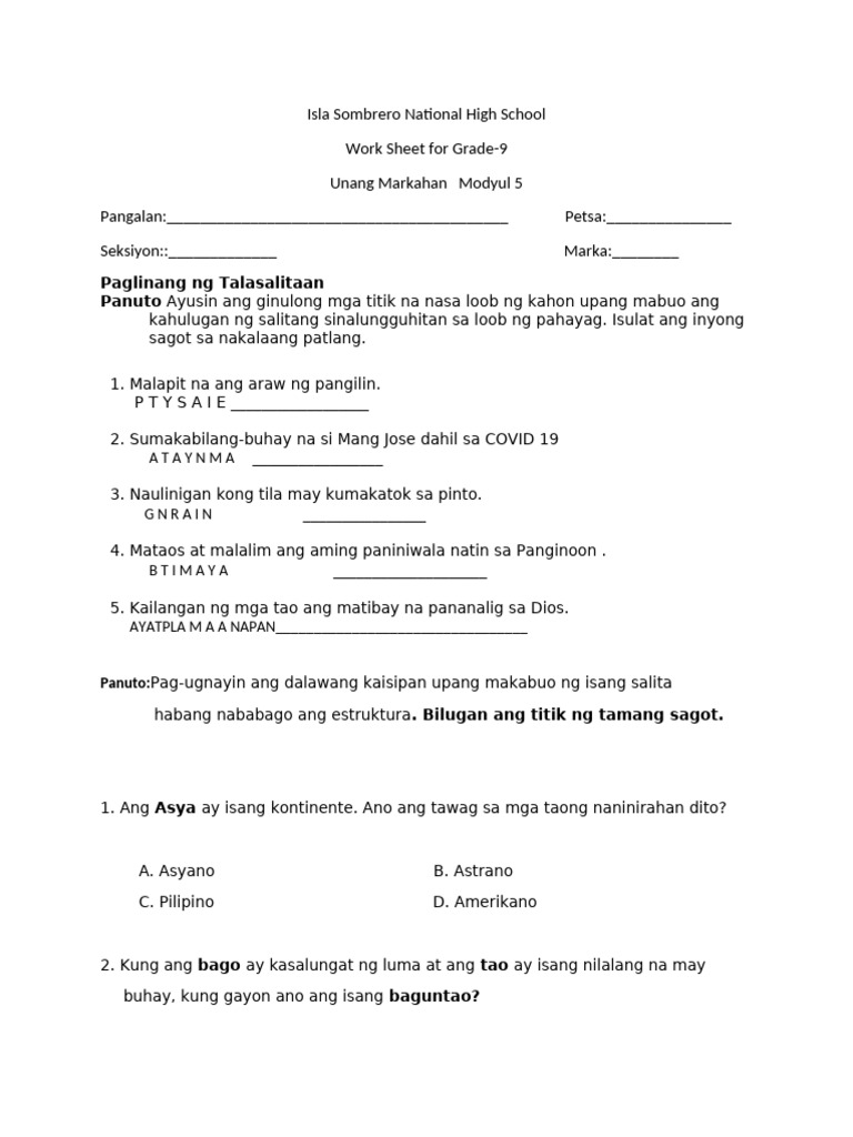 Work Sheet Filipino 9 | PDF
