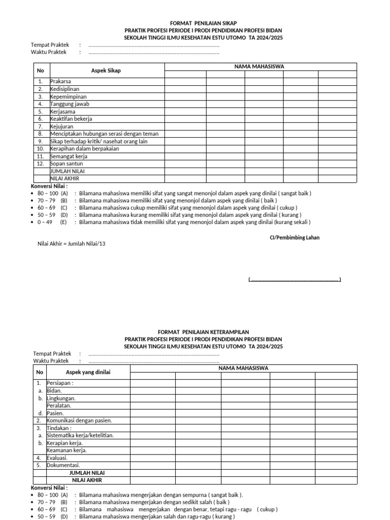 Format Penilaian Praktik Profesi | PDF