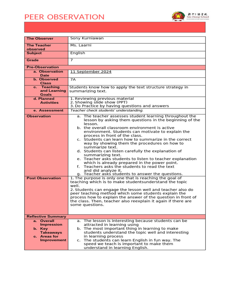 Importance of Peer Observation in Teaching | PDF | Teachers | Teaching ...