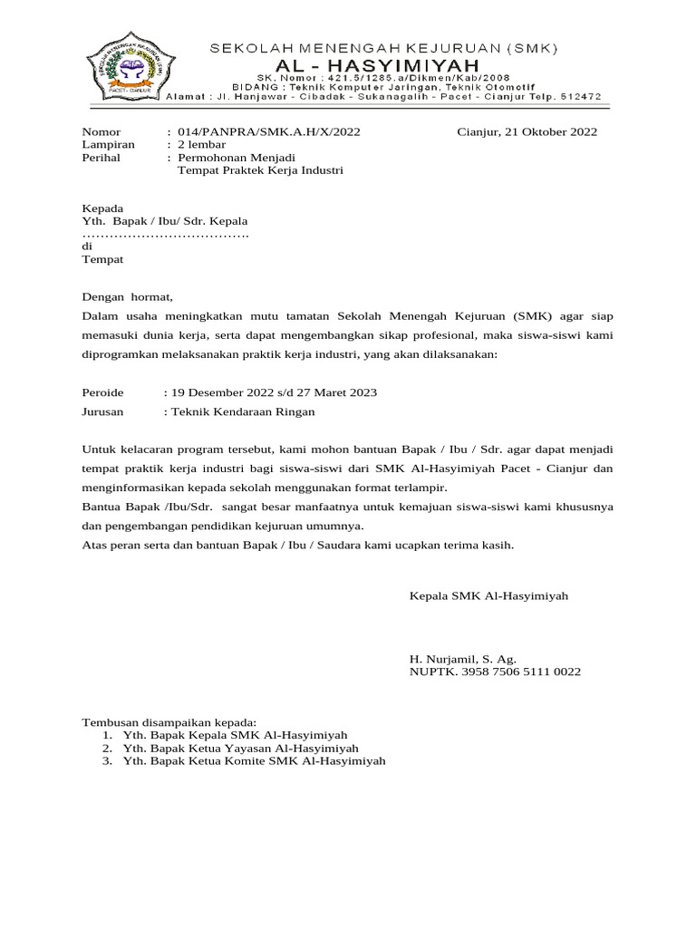 Surat Permintaan Tempat Prakerin TKR Baru | PDF | Karier & Perkembangan ...