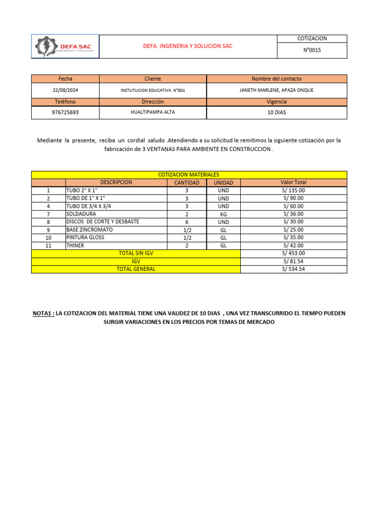 Cotización Ventanas Construcción | PDF | Ingeniería mecánica | Procesos industriales
