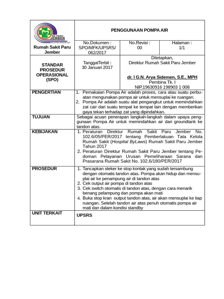 SPO Penggunaan Pompa | PDF
