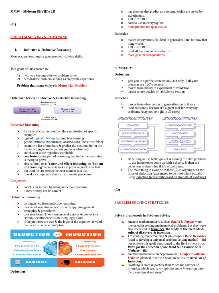 MMW - Midterm Reviewer - 095721 | PDF | Inductive Reasoning | Deductive Reasoning