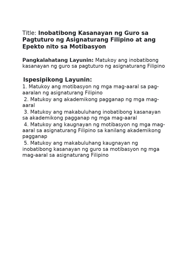 Inobatibong Kasanayan NG Guro Sa Pagturo NG Asignaturang Filipino at ...